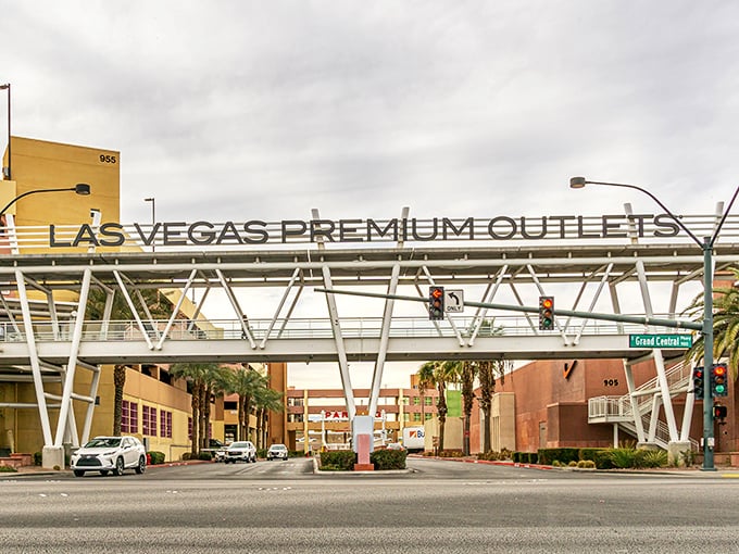 The iconic entrance bridge to Las Vegas North Premium Outlets welcomes bargain hunters with the promise of retail therapy without the Strip prices.