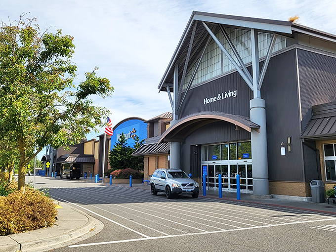 The Northwest-inspired architecture welcomes shoppers like a warm hug on a rainy day. Even the parking spots seem to say, "Come on in, the savings are fine!"