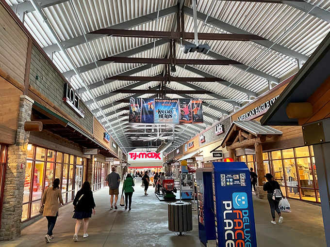 TJ Maxx beckons shoppers like a retail siren song at the end of this corridor. The hunt is always more thrilling than the capture.