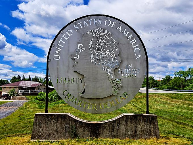 The Giant Quarter stands proudly along Route 30, making Washington's profile large enough to cast a shadow you could picnic in.