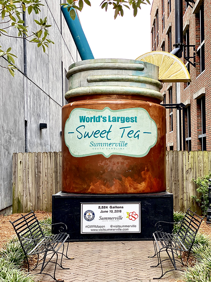 Nestled in a charming brick courtyard, this 2,524-gallon sweet tea monument proves South Carolina takes its signature beverage very, very seriously.