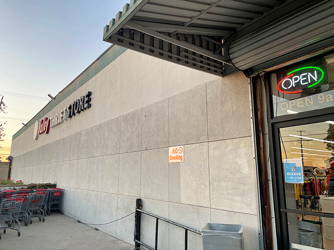 A glowing neon &ldquo;Open&rdquo; sign welcomes visitors to Valley Thrift Store in Azusa, hinting that something wonderful awaits inside this unassuming treasure chest.