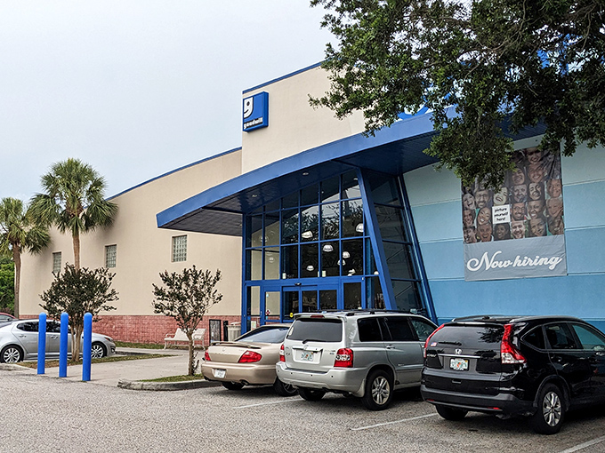 The blue and white beacon of bargain hunting stands proud against Florida's cloudless sky, promising treasure within its modern walls.