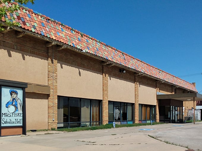 The unassuming exterior with its colorful tiled roof hides a wonderland of bargains waiting inside Hutchinson's thrift paradise.