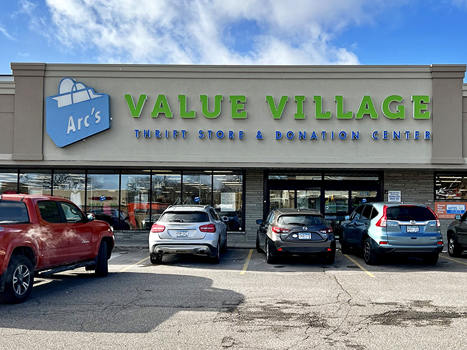 The bright green sign promises more than discounts&mdash;it hints at discovery. Step inside this thrift haven where every aisle feels like the start of a new treasure hunt.