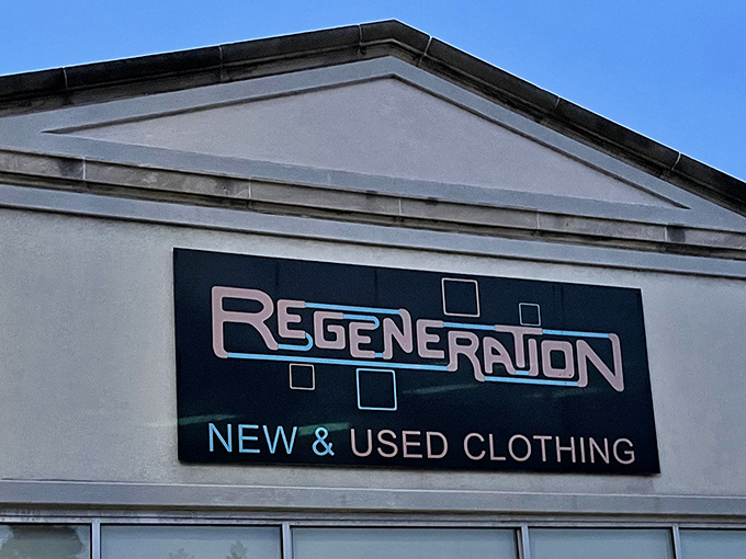 The retro-futuristic sign of Regeneration beckons like a portal to fashion's time machine, promising treasures from every decade.