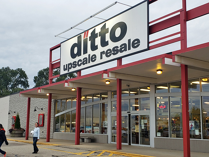 The iconic red-trimmed exterior of Ditto Upscale Resale stands ready to welcome treasure hunters to Holland's secondhand paradise.