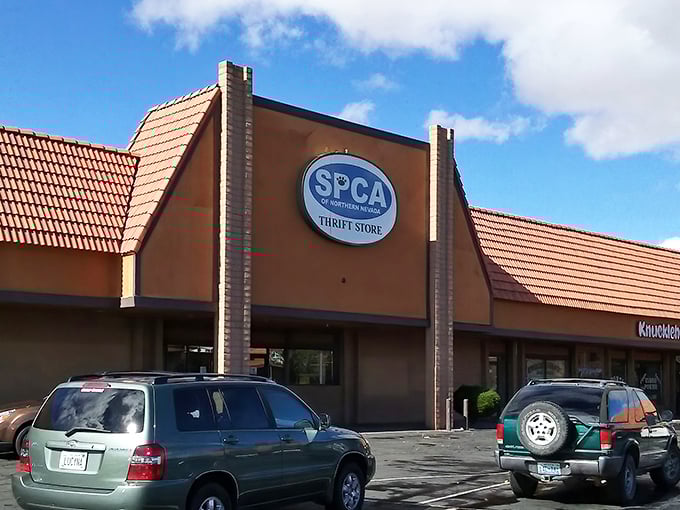 The orange building with its distinctive red-tiled roof stands like a beacon of bargain possibilities in Reno's retail landscape.