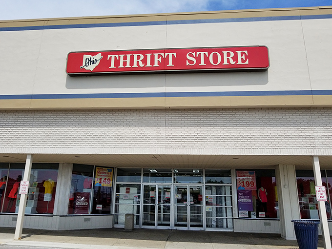 The iconic Ohio Thrift Store sign beckons bargain hunters to this treasure trove of secondhand wonders in Columbus.