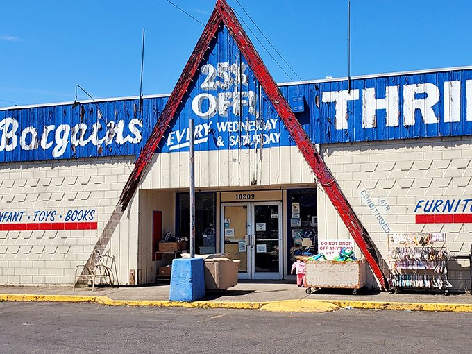 The iconic blue and red triangular entrance to Better Bargains promises treasure hunting adventures and Wednesday discounts that'll make your wallet do a happy dance.