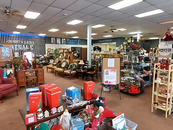 Organized chaos at its finest! The main floor showcases everything from furniture to seasonal decor, a thrifter's paradise where one person's past becomes another's future.