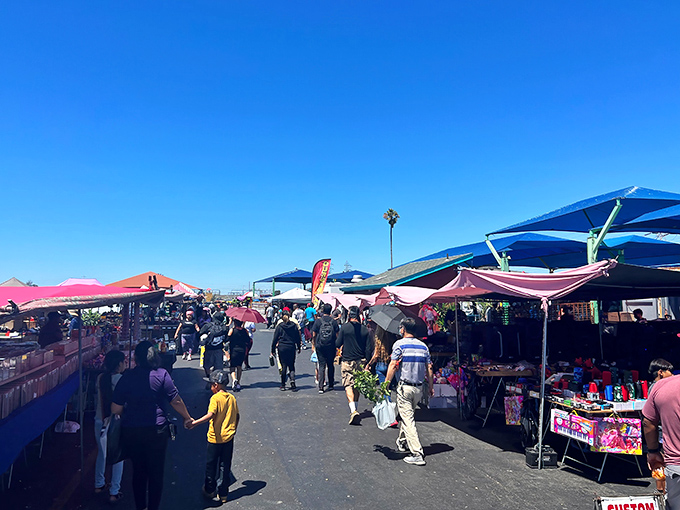 A treasure hunter's paradise stretches before you, where colorful tents create a patchwork landscape of possibility under Oakland's mercurial sky.
