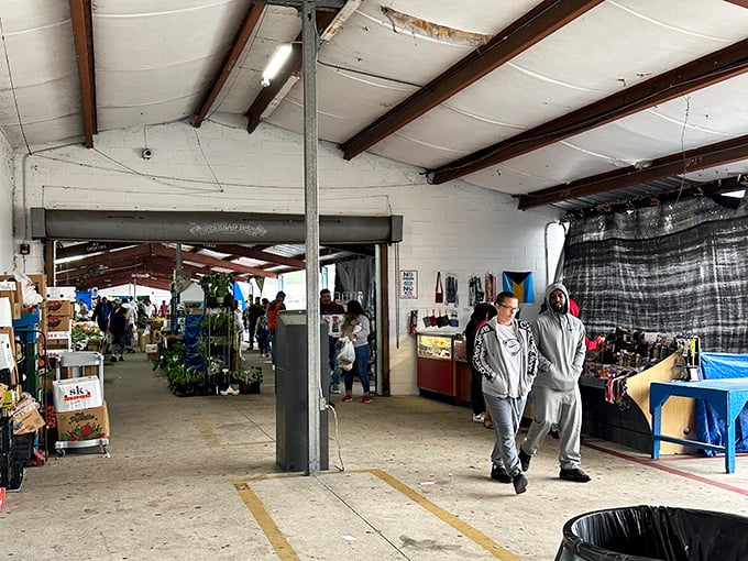 The indoor section reveals a treasure hunter's paradise where shoppers browse everything from plants to vintage clothing, proving one person's castoffs truly become another's treasures.