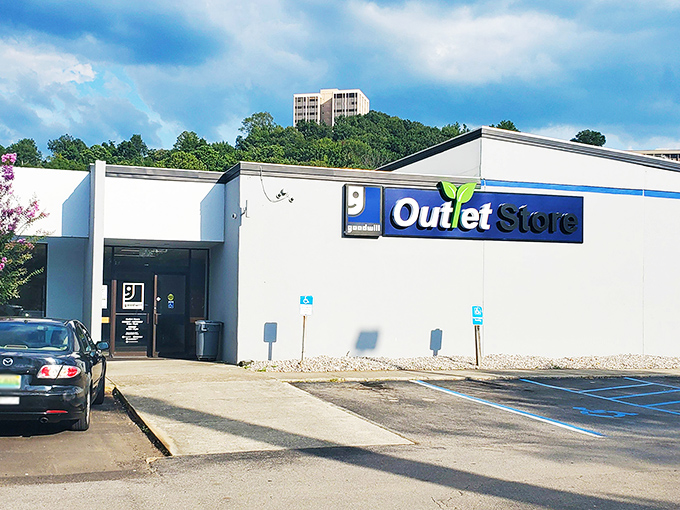 The unassuming exterior of Birmingham's Goodwill Outlet Store&mdash;like finding a treasure map disguised as a regular building.