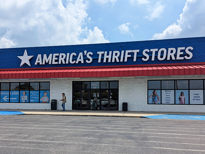 The patriotic red, white, and blue facade promises treasure hunting adventures that would make Indiana Jones trade his whip for a shopping cart.