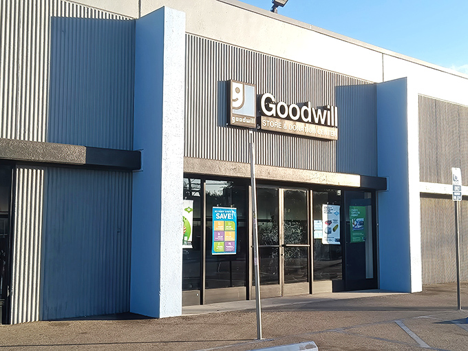 The unassuming blue-trimmed exterior of Goodwill Pasadena&mdash;where treasure hunters begin their quest for bargains hiding in plain sight.