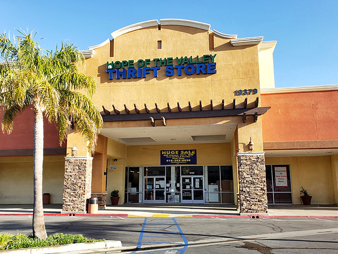 That iconic blue and green signage promises treasure within, while the stone pillars add a touch of unexpected elegance to this thrifting temple.