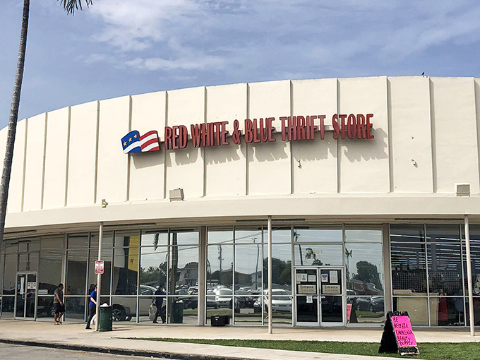 The patriotic signage proudly announces your arrival at bargain hunter paradise, where one person's castoffs become another's treasures.