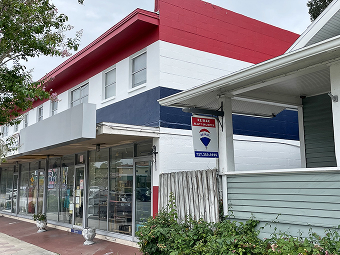 The red, white, and blue exterior of Revolve St. Pete stands out like a patriotic beacon for bargain hunters. Fashion treasures await inside this unassuming building.