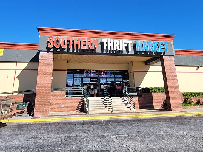 The red, white, and blue signage of Southern Thrift Market stands out like a beacon of bargain hope in Norcross. Treasure hunting starts here!