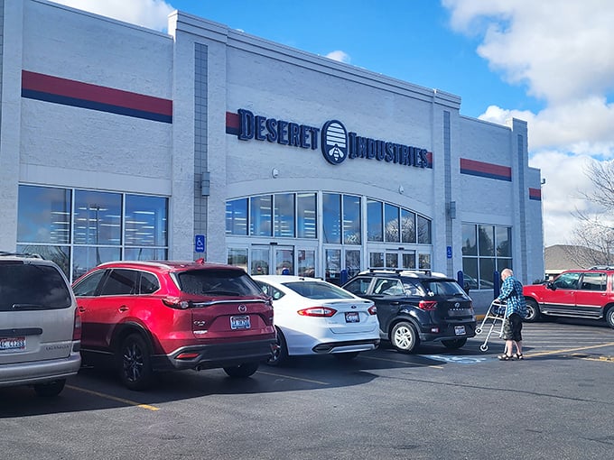 The clean white exterior of Deseret Industries in Twin Falls stands like a beacon for bargain hunters ready to embark on a thrifting adventure.