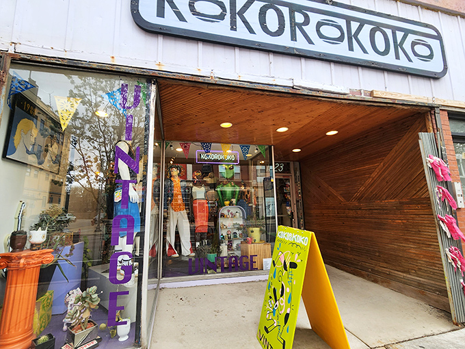 Kokorokoko's unassuming storefront in Wicker Park beckons vintage hunters with colorful displays and retro treasures waiting inside.