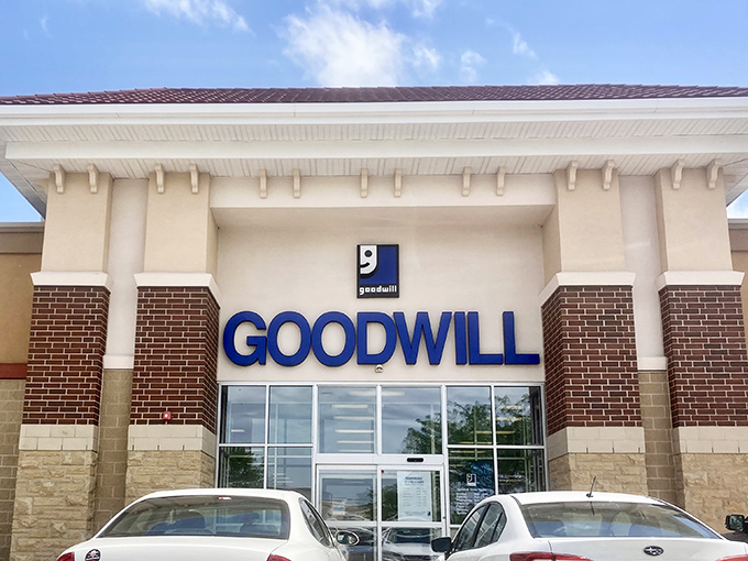 The modern facade of Goodwill in West Des Moines promises treasure hunting without the sunburn or metal detector required.