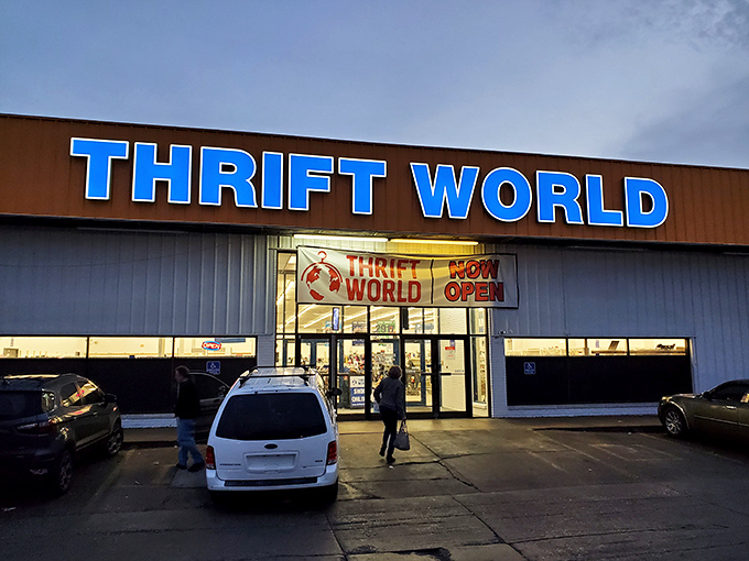 Dusk settles over Thrift World as shoppers make their final discoveries of the day &ndash; thrifting magic happens at all hours here.