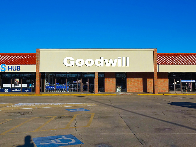 The unassuming facade of Goodwill Manhattan &ndash; where treasure hunting begins and wallets breathe sighs of relief.