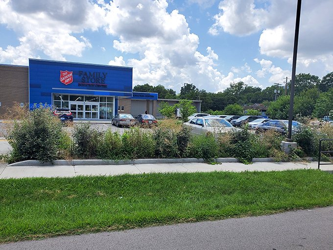 The bright blue facade of the Salvation Army Family Store stands out like a beacon of budget fashion hope in Lexington's retail landscape.