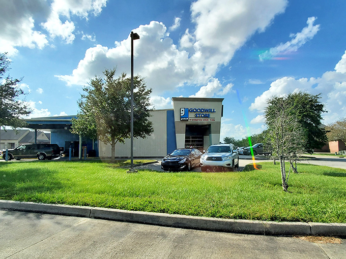 The iconic blue and white facade welcomes bargain hunters like a beacon of secondhand salvation in Baton Rouge.