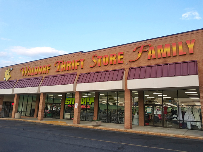The golden letters of Waldorf Thrift Store Family shine like a beacon for bargain hunters. Inside those brick walls, fashion treasures await discovery.