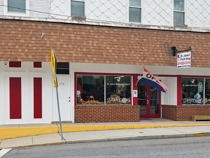 The unassuming exterior of St. James Thrift Shop in Mt. Airy hides a wonderland of treasures behind those bright red doors.