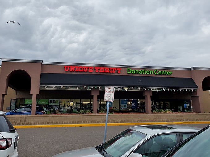 The unassuming exterior of Unique Thrift Store in New Hope&mdash;like finding the entrance to Narnia behind an ordinary wardrobe door.