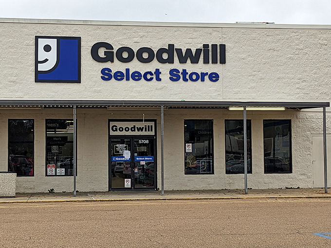 The iconic blue and white Goodwill logo welcomes bargain hunters to this Pearl treasure trove, where one person's donations become another's discoveries.