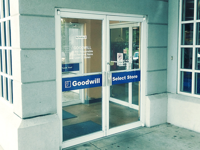 The unassuming entrance to treasure-hunting paradise. Behind these glass doors, bargain adventures await that could fill your car and empty your wallet of just $29.