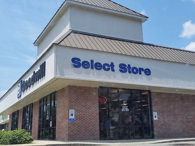 The familiar blue Goodwill logo beckons like a lighthouse for bargain hunters. Behind these brick walls, treasures await discovery.