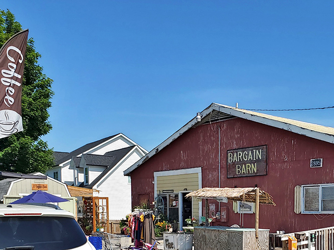 The iconic red barn exterior beckons treasure hunters with its rustic charm and promise of undiscovered gems waiting inside.