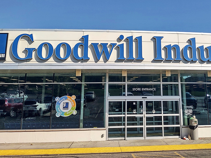 Welcome to bargain paradise! The Goodwill Industries entrance beckons with the promise of adventures in thrifting and unexpected discoveries waiting just beyond those doors.