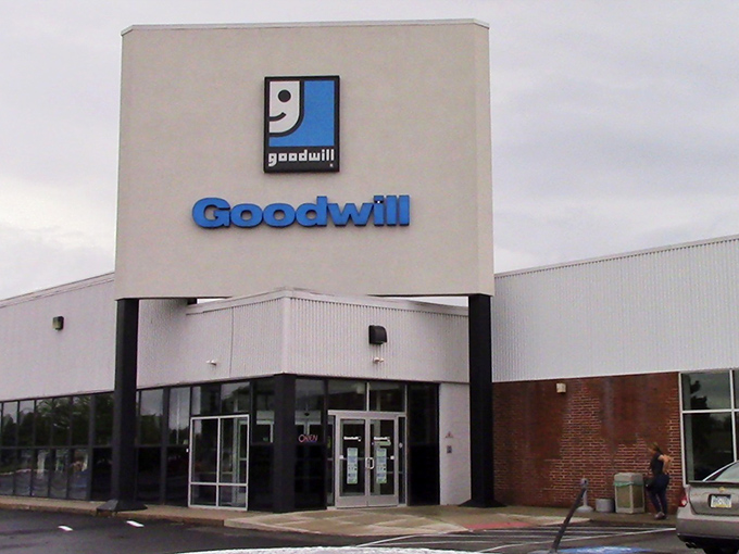 The iconic Goodwill sign welcomes treasure hunters to Montgomeryville's thrift paradise, where countless second-hand adventures await behind those glass doors.