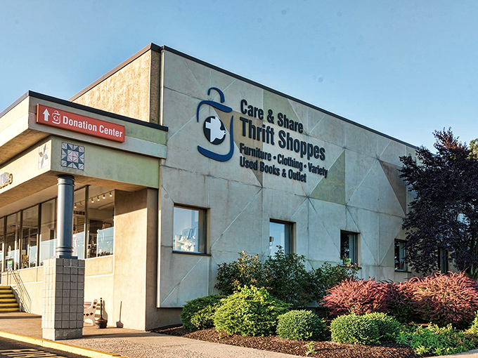 The welcoming facade of Care & Share Thrift Shoppes stands ready for treasure hunters, its donation center beckoning with possibilities.