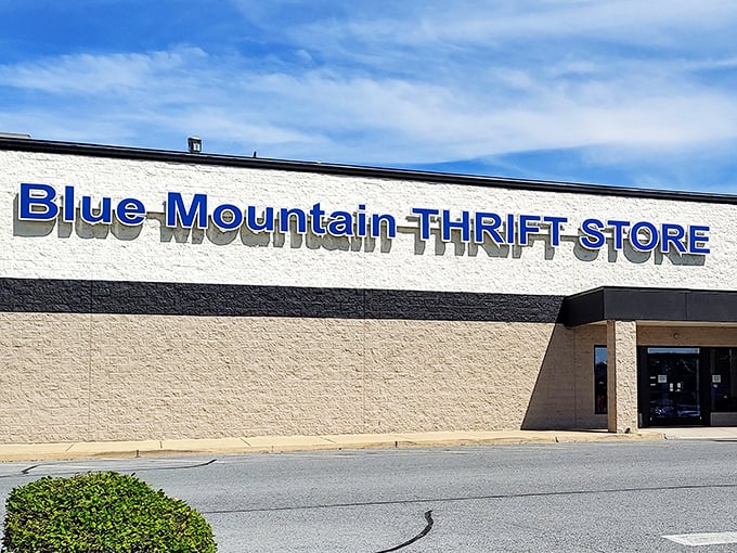 The unassuming exterior of Blue Mountain Thrift Store promises treasures beyond your wildest suburban dreams.