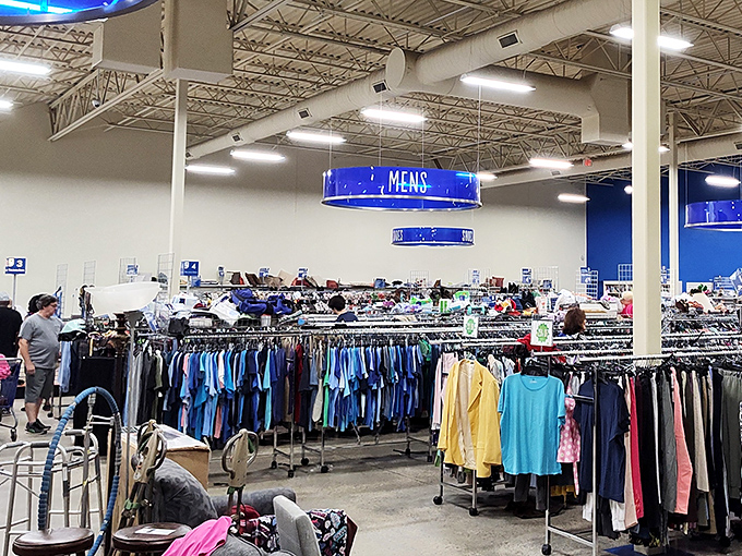 The men's section stretches out like a clothing promised land, where flannel meets formal and everything costs less than lunch.