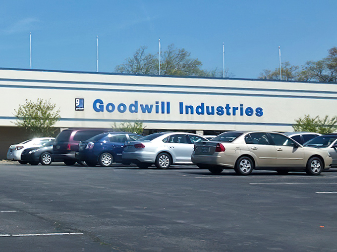 The familiar blue sign beckons like a siren call to treasure hunters. This unassuming exterior houses a universe of possibilities waiting to be discovered.