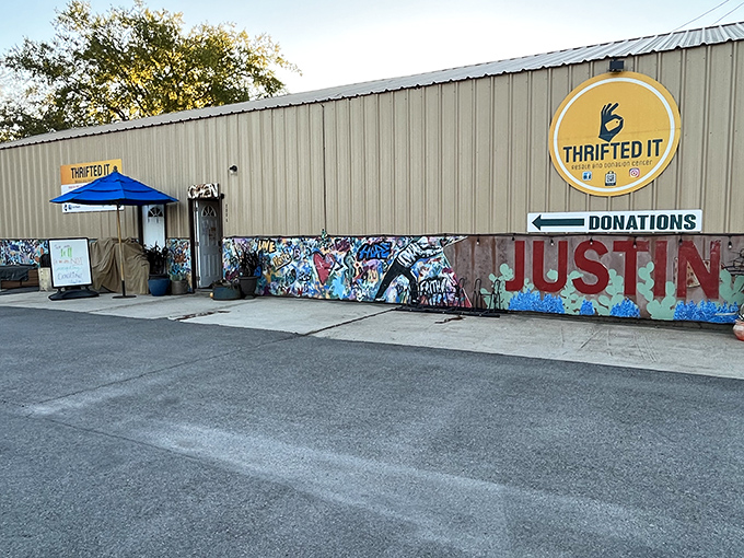 The corrugated metal exterior with its vibrant "JUSTIN" mural might not scream "retail therapy destination," but that's exactly what makes it perfect.