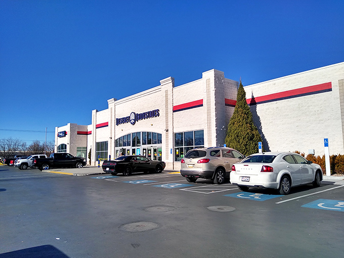 The clean lines and bright blue sky frame this thrift paradise like it's the Taj Mahal of secondhand treasures. Utah's mountains provide the perfect backdrop.