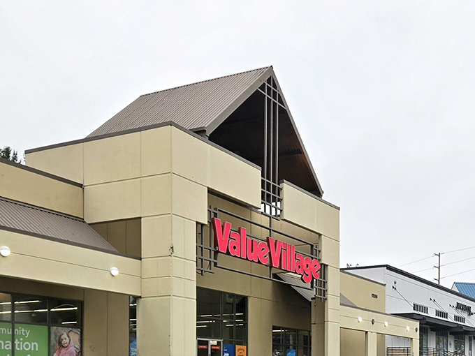 The architectural equivalent of a treasure chest, Value Village's distinctive peaked roof stands ready to welcome bargain hunters and nostalgia seekers alike.