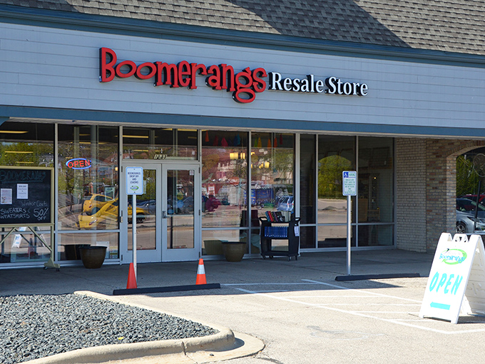 The iconic blue storefront with its bold red "Boomerangs" sign promises treasure hunting adventures that would make Indiana Jones trade his whip for a shopping cart.