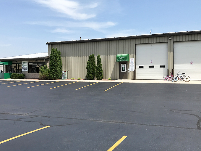 Industrial on the outside, treasure trove on the inside. This unassuming building houses more potential than a lottery ticket with better odds.