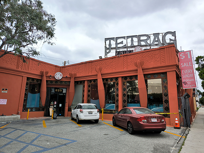 The unmistakable terracotta fortress of fashion history stands proudly on La Brea Avenue, beckoning vintage hunters with its distinctive architectural charm.